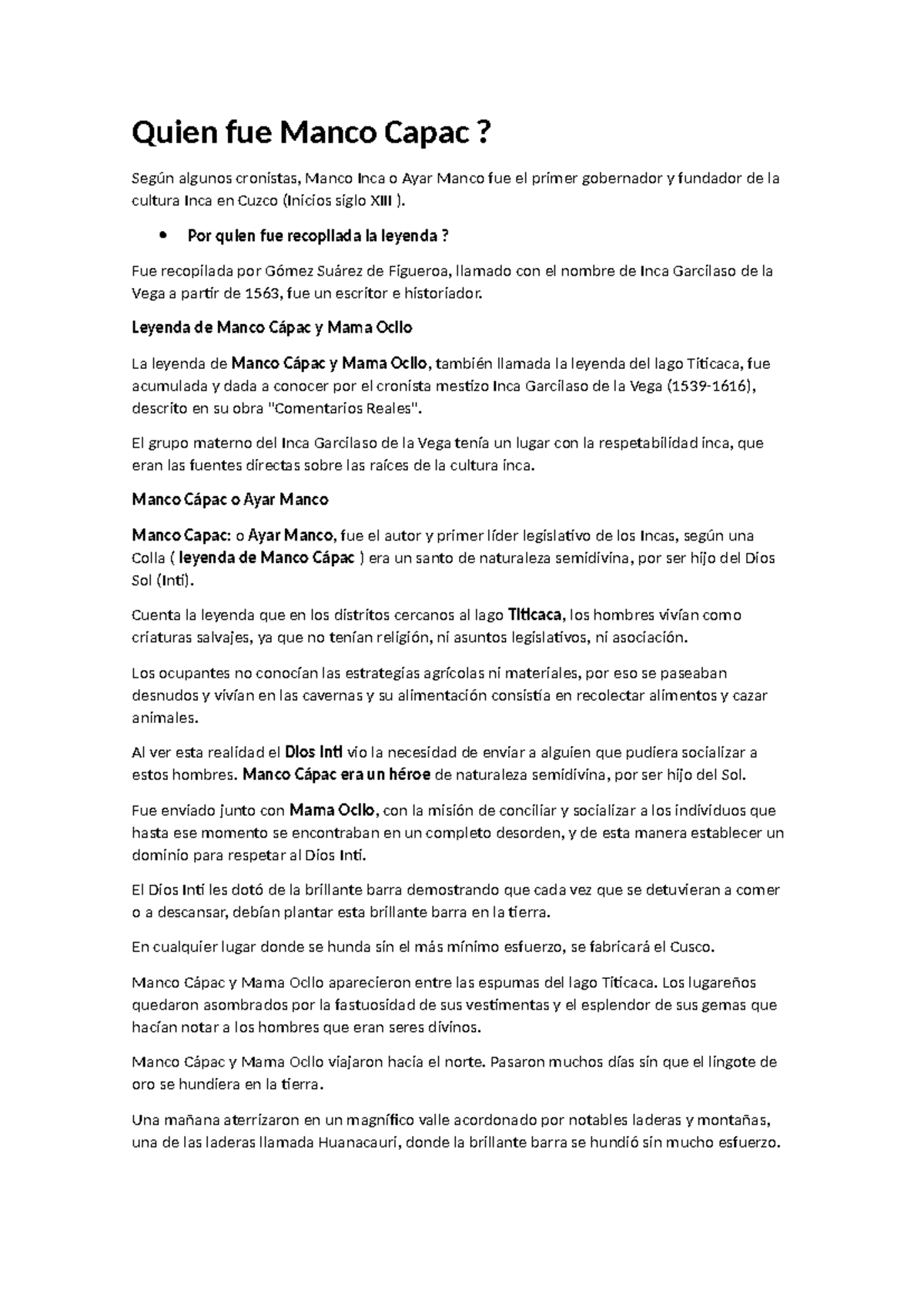 Quien fue Manco Capac - Historia - Quien fue Manco Capac? Según algunos ...
