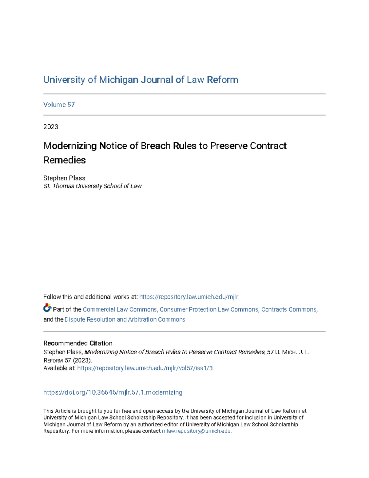 Breach of rules to preserve contract remedies - University of Michigan ...