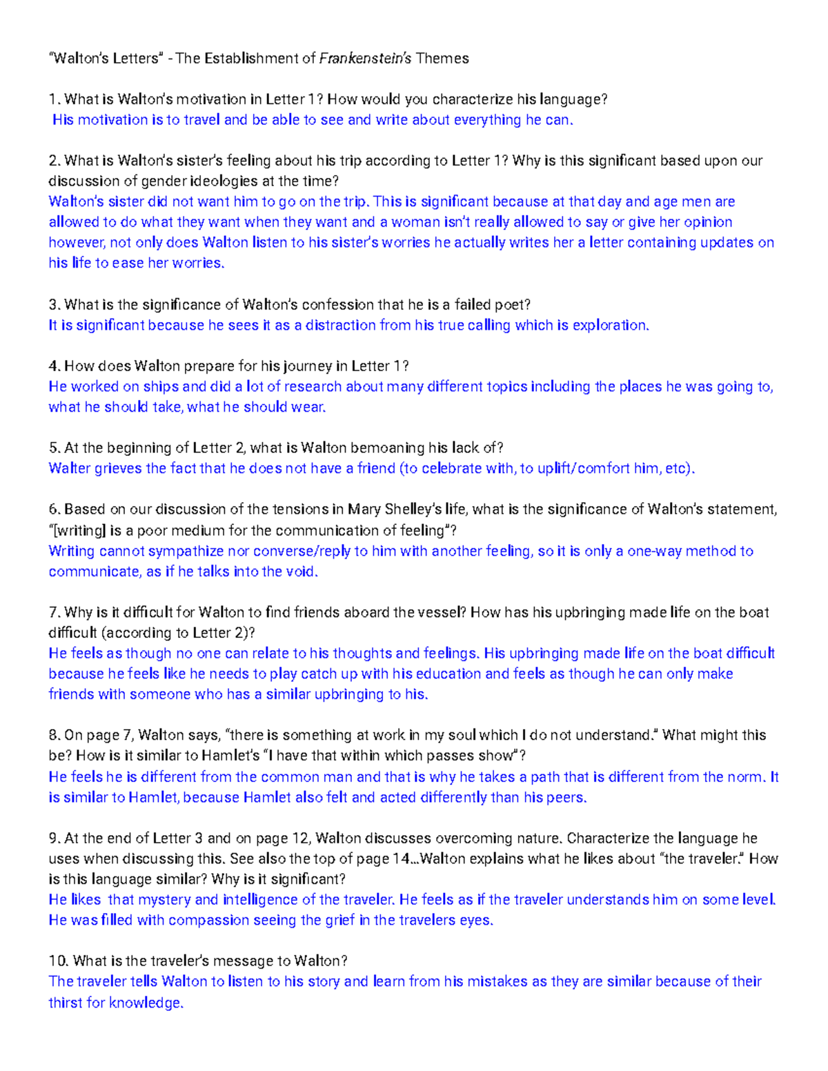 AP Lit - Intro to Plot “Walton’s Letters” - “Walton’s Letters” - The ...