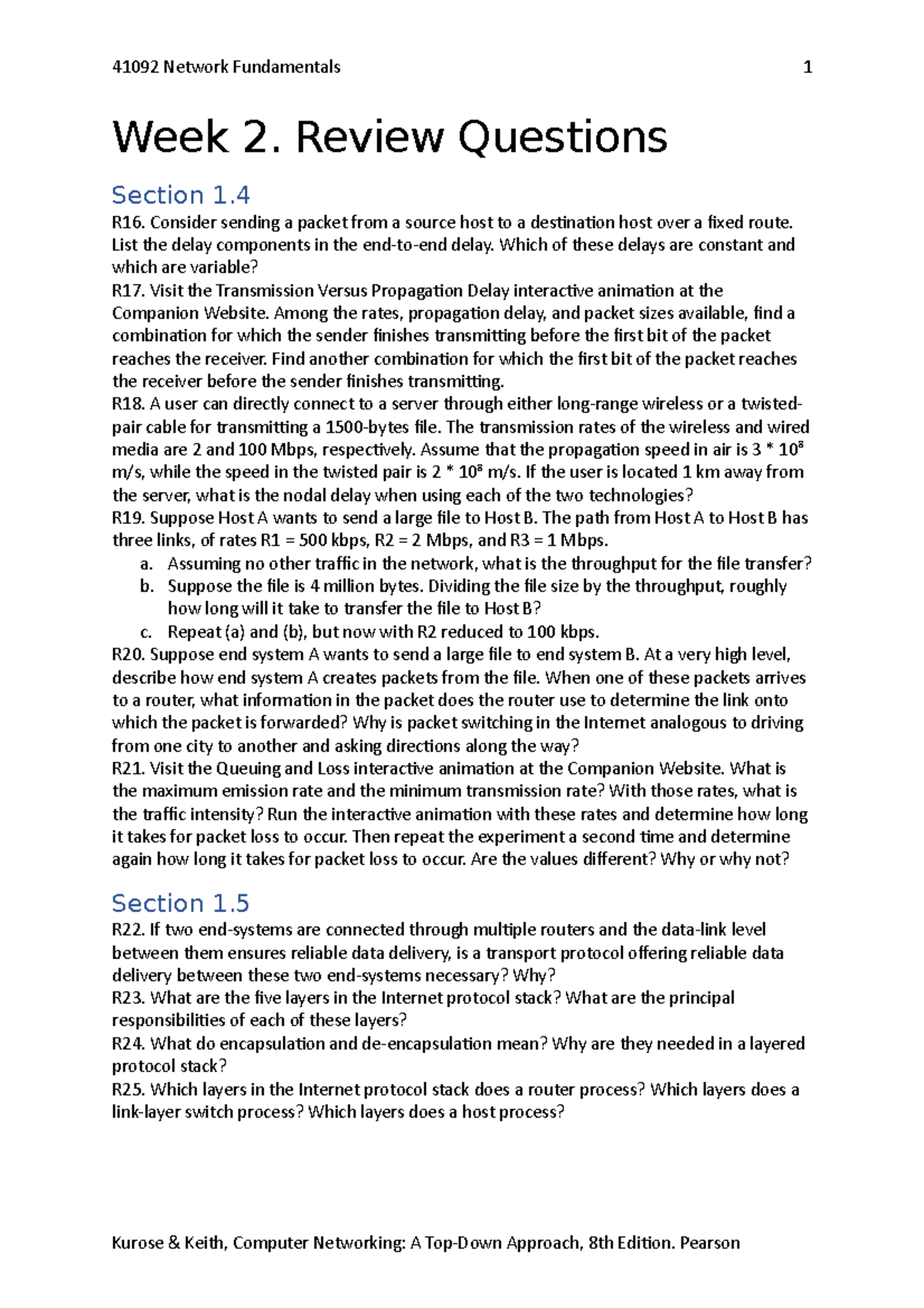 Week2-Review Question - 41092 Network Fundamentals Week 2. Review Questions Section 1. R16 ...