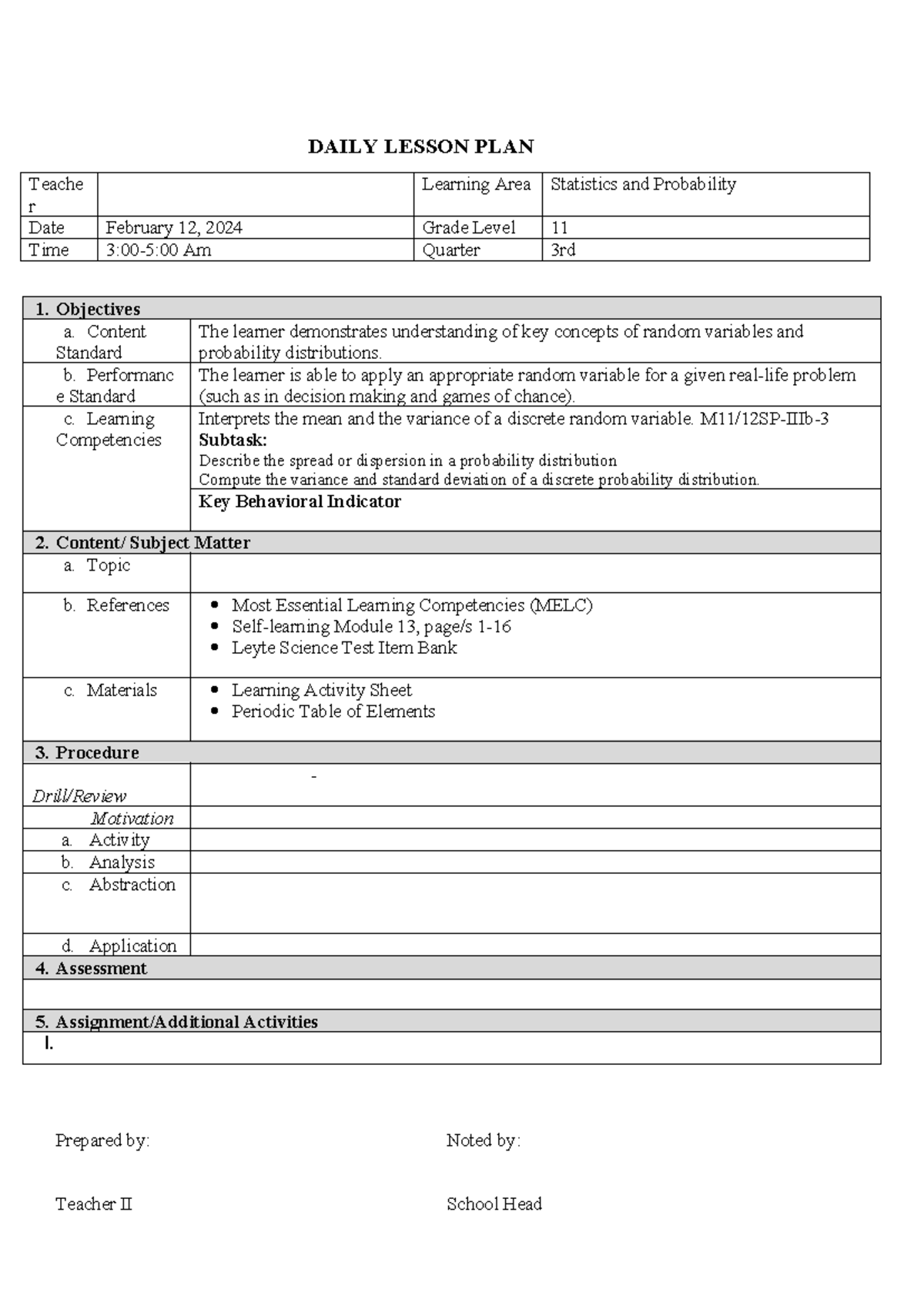 Daily Lesson Plan 4As Format - DAILY LESSON PLAN Teache r Learning Area ...