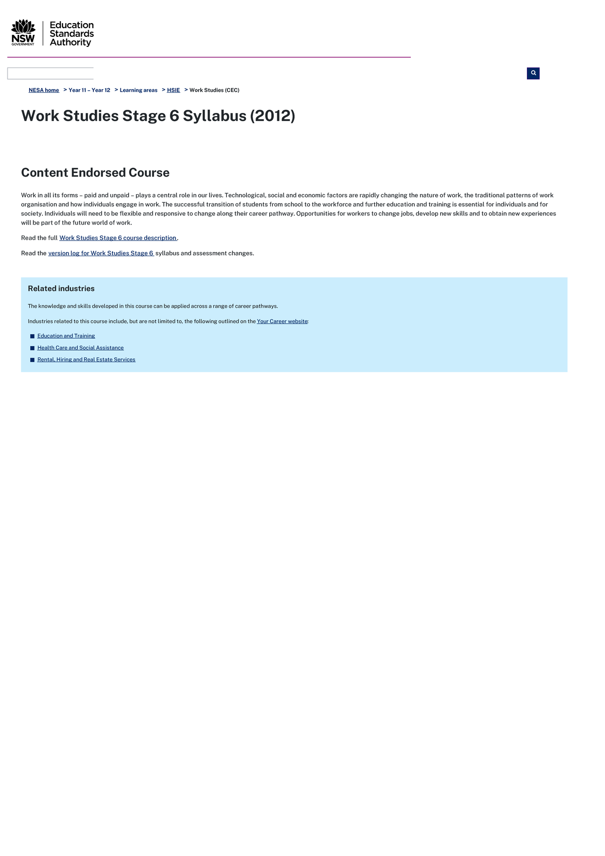 Work Studies CEC Education Standards - NESA home > Year 11 – Year 12 ...