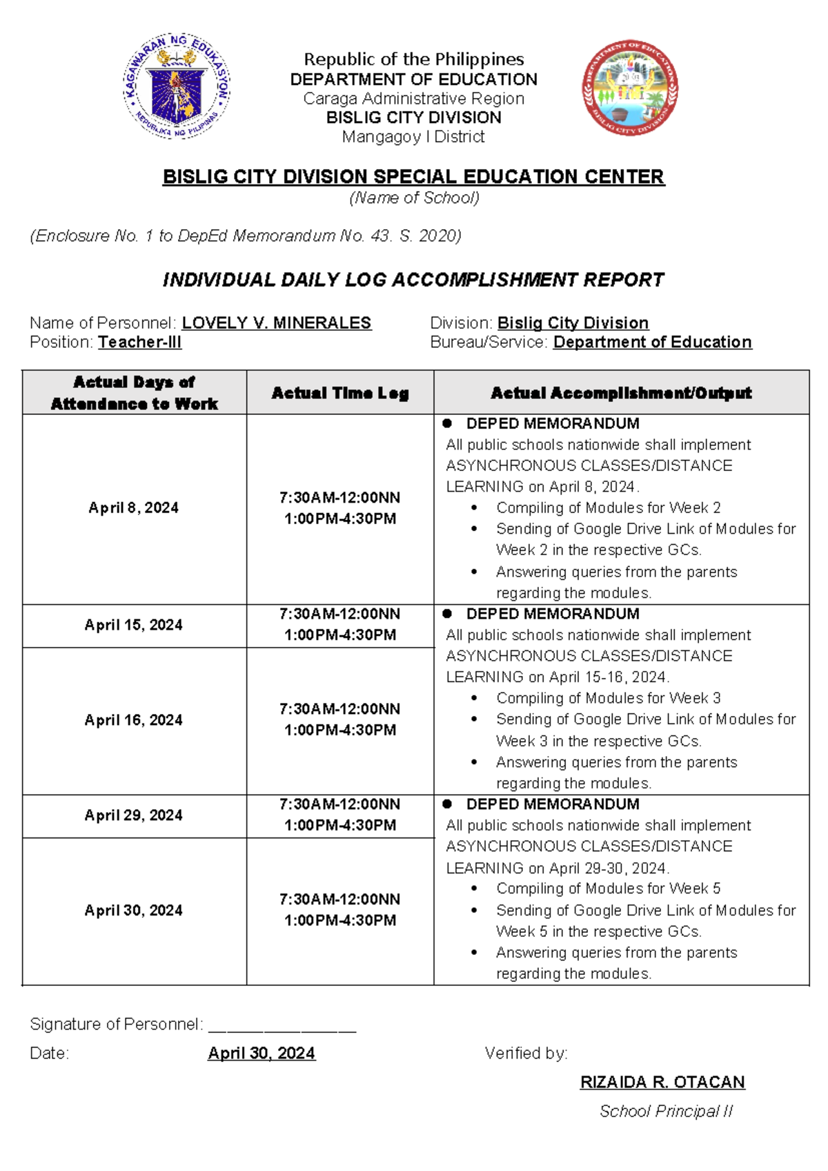 Idlar Template for WFH Teachers - Republic of the Philippines ...