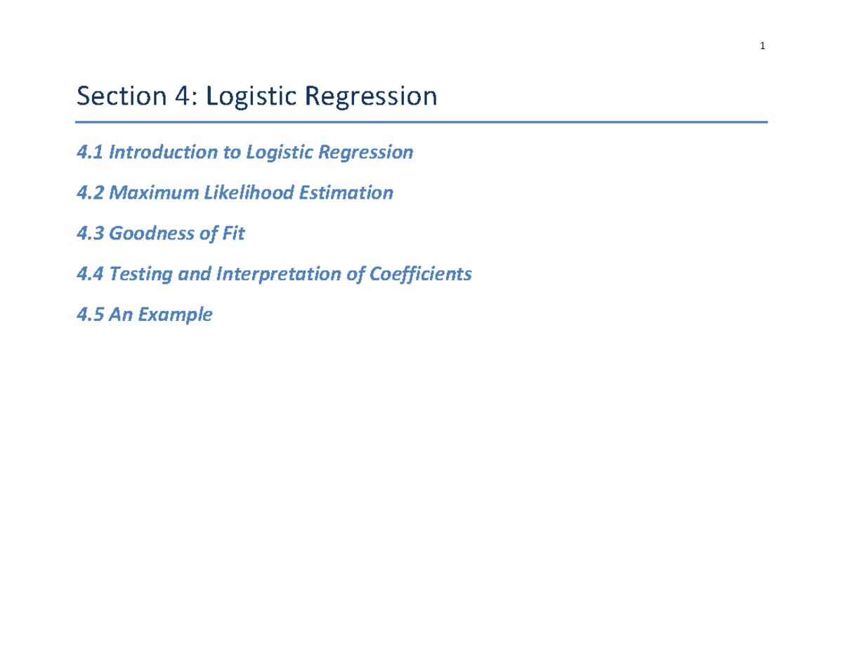 Section 4 logistic regression - Section 4: Logistic Regression 4 ...