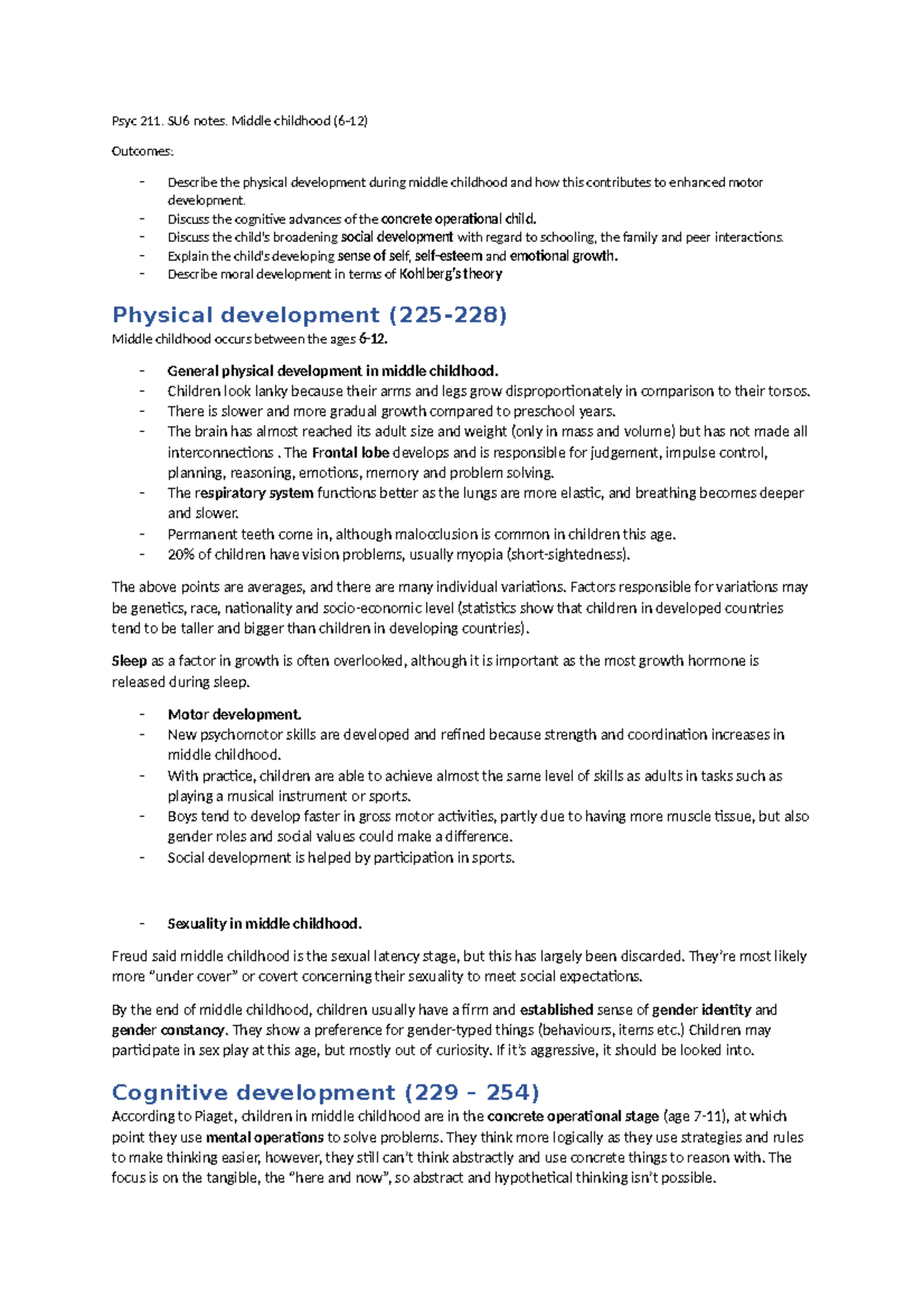 Psyc 211 SU6 notes - study - Psyc 211. SU6 notes. Middle childhood (6 ...