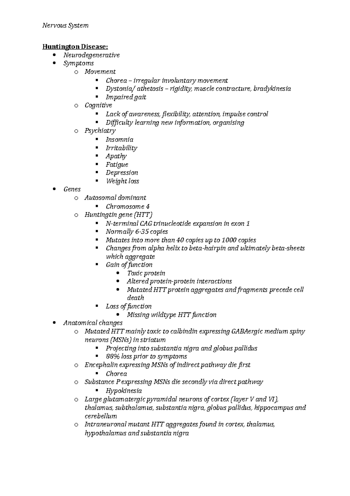 Huntington Disease Lecture Notes - Nervous System Huntington Disease ...