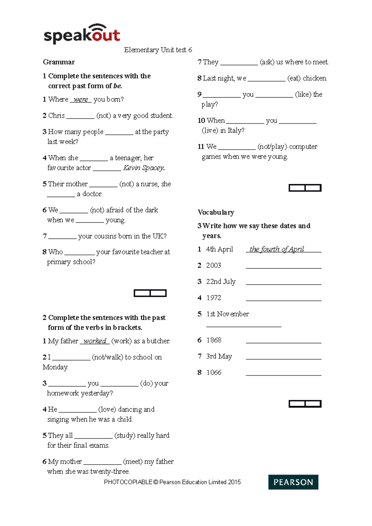 07. SO2nd Ed Elem Unittest 6 - Elementary Unit test 6 Grammar 1 ...