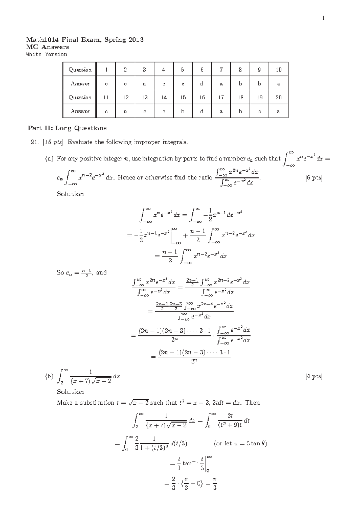 Final 2013, answers - Math1014 Final Exam, Spring 2013 MC Answers White ...