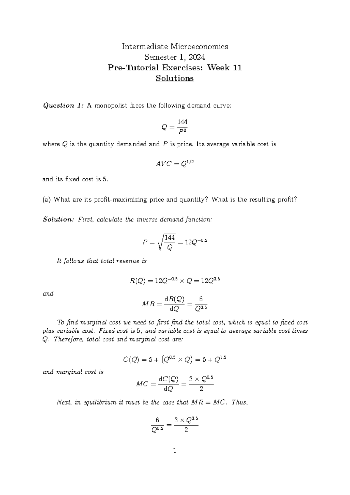 Pre Tute Wk11 IM 2024 Sol - Intermediate Microeconomics Semester 1, 2024 Pre-Tutorial Exercises ...