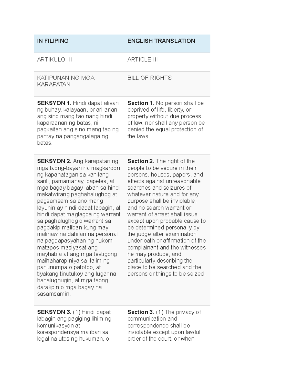 BIIL OF Rights English- Tagalog - ARTIKULO III ARTICLE III KATIPUNAN NG ...