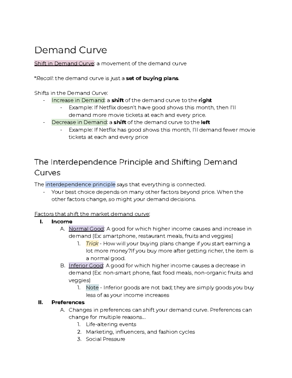 08 31 23 Notes - Goes over what a demand curve is, what it entails, and ...