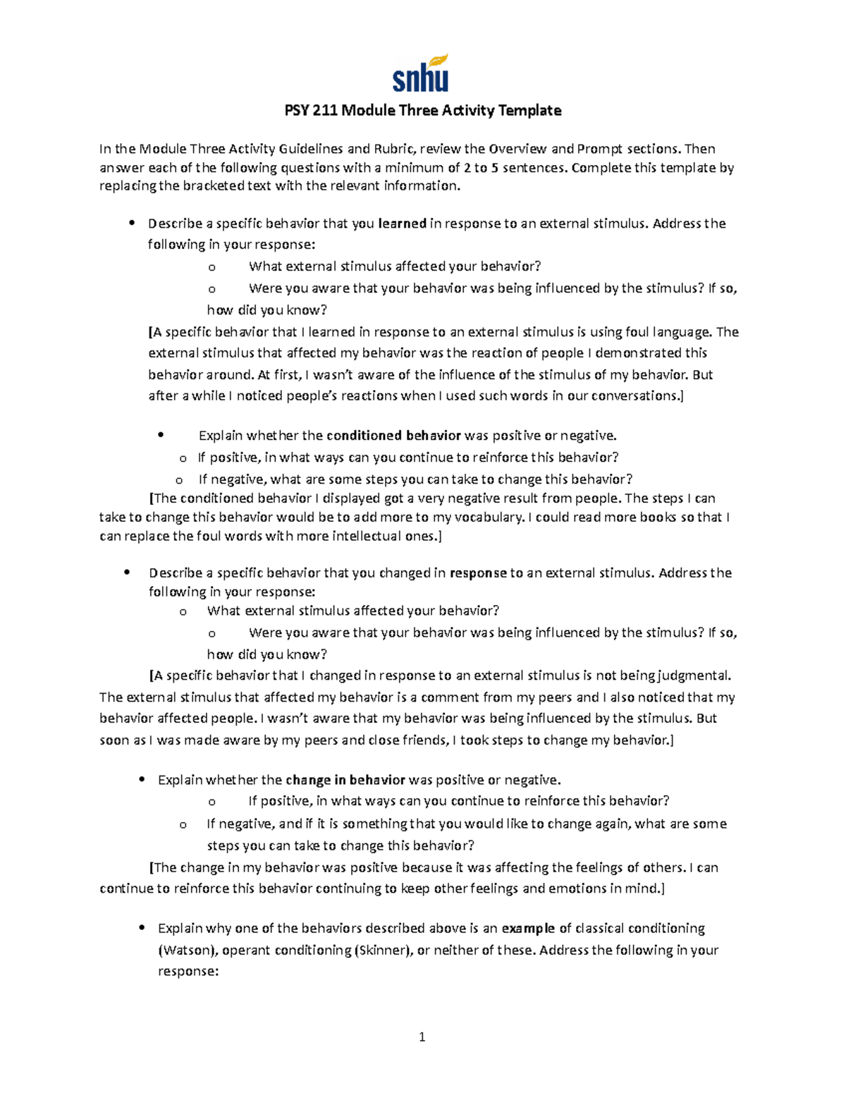 PSY 211 Module Three Activity Template - Then answer each of the ...