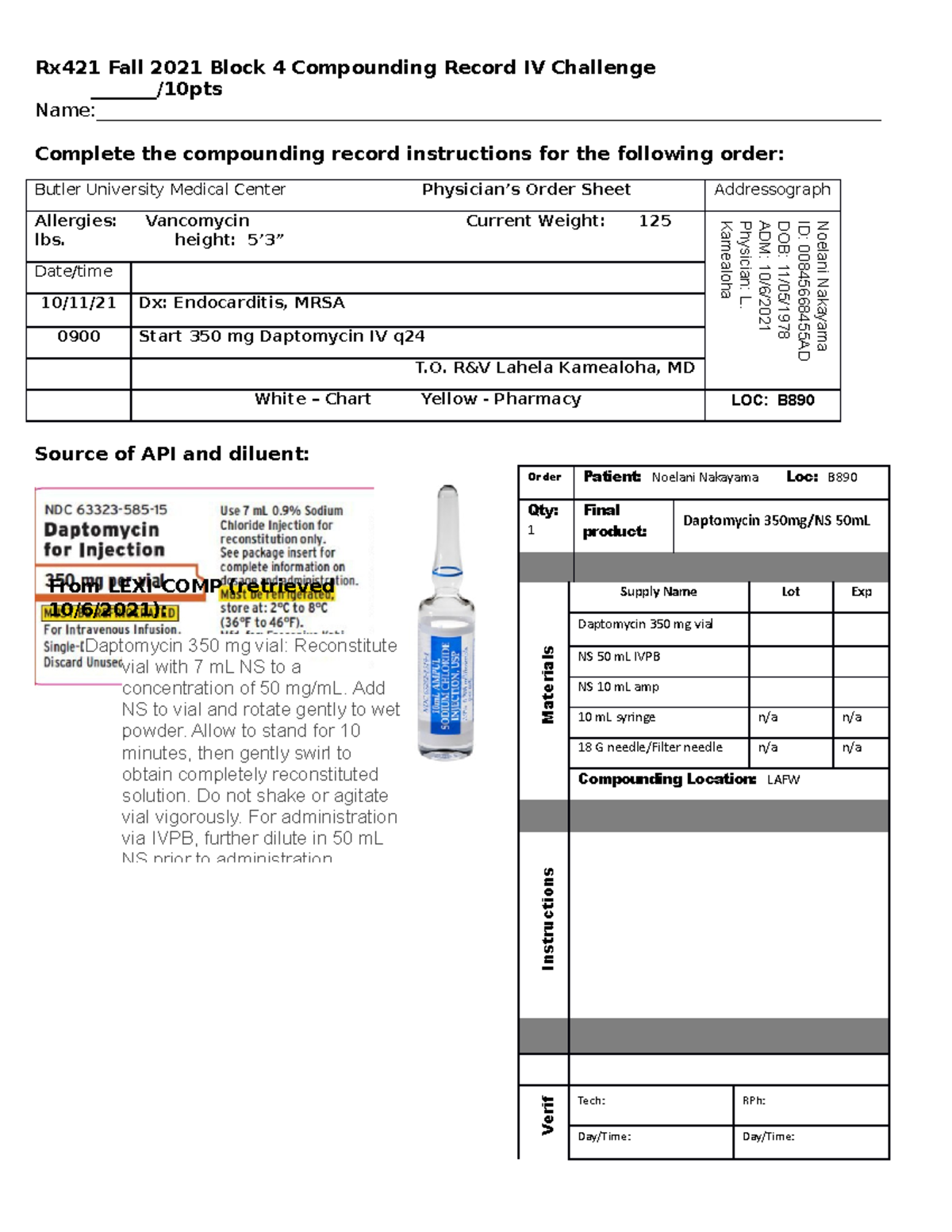 Block 4 IV challenge compounding record - Rx421 Fall 2021 Block 4 ...