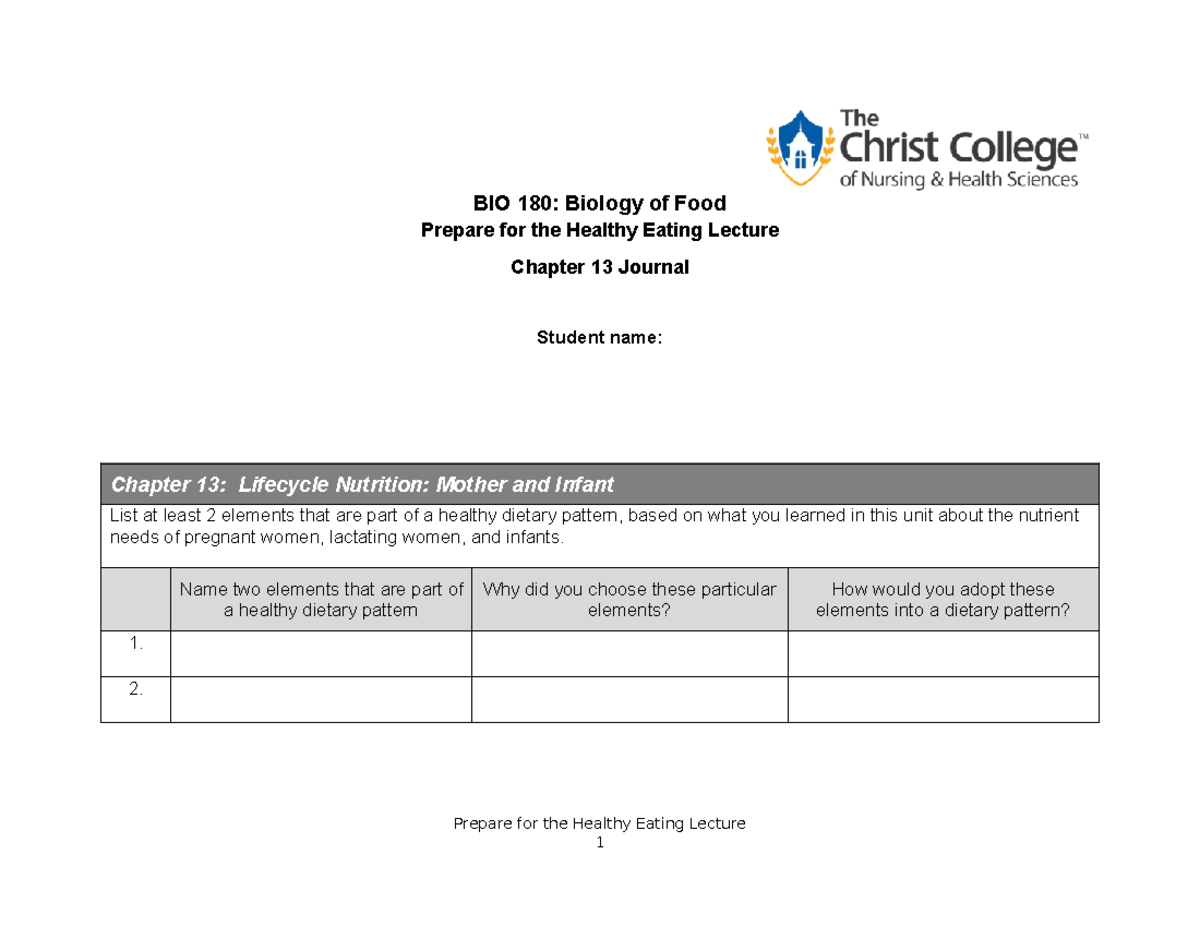 BIO 180 Chapter 13 Journal template - BIO 180: Biology of Food Prepare ...