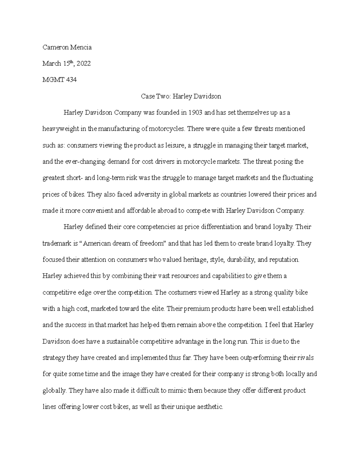 Case Two-Harley Davidson - Cameron Mencia March 15th, 2022 MGMT 434 ...