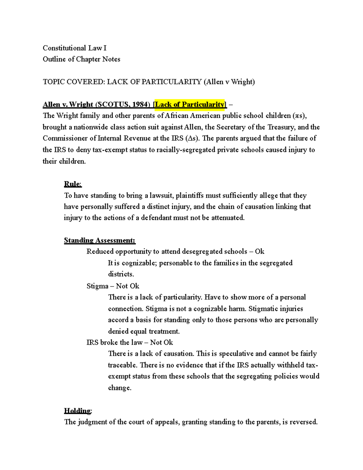 LACK OF Particularity (Allen v Wright) - Constitutional Law I Outline ...