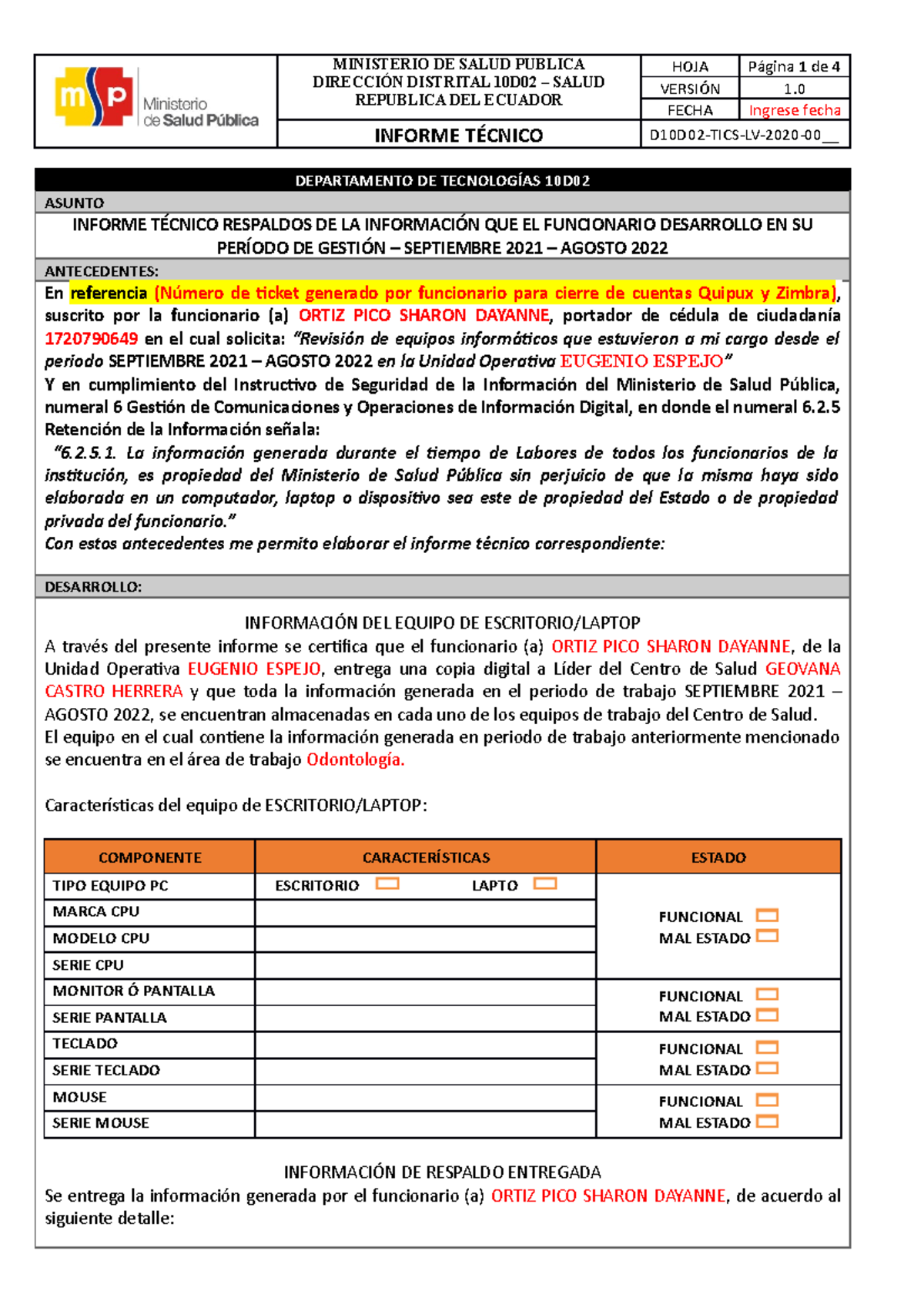 Plantilla Informe Entrega Respaldos Informacion Equipos - DIRECCIÓN ...