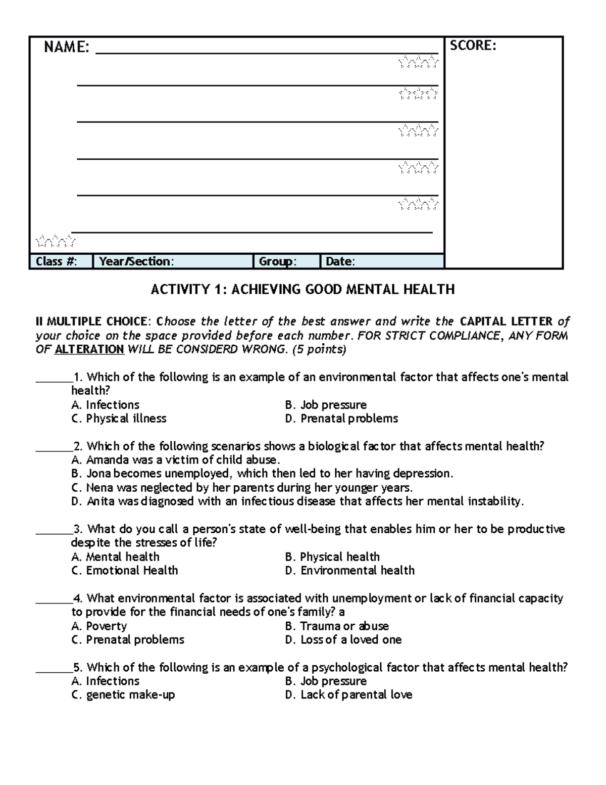 Health 7 3rd activity 1 achieving good mental health - NAME
