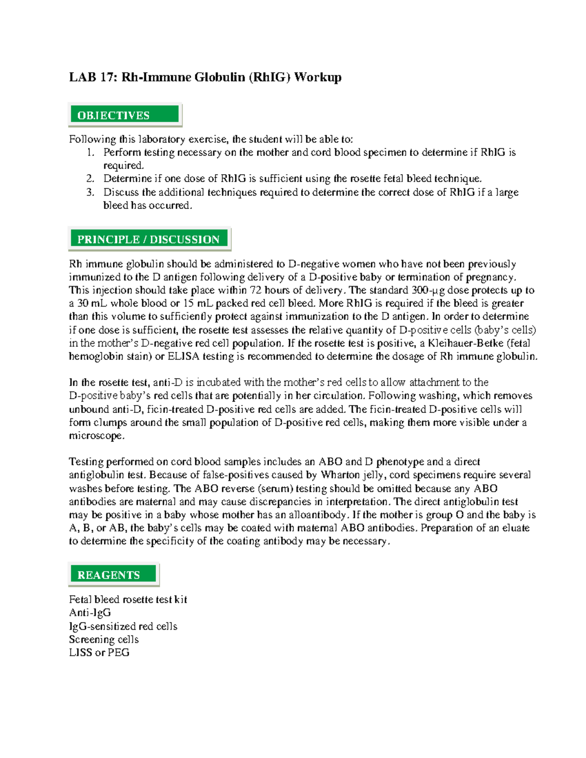 LAB 17-Rh-Immune Globulin (Rh IG) Workup - LAB 17: Rh-Immune Globulin ...