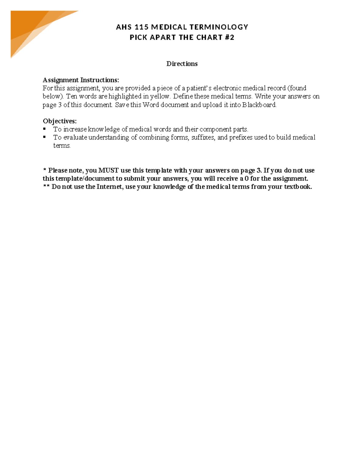 Pick Apart the Chart #2 - assignment - AHS 115 MEDICAL TERMINOLOGY PICK ...