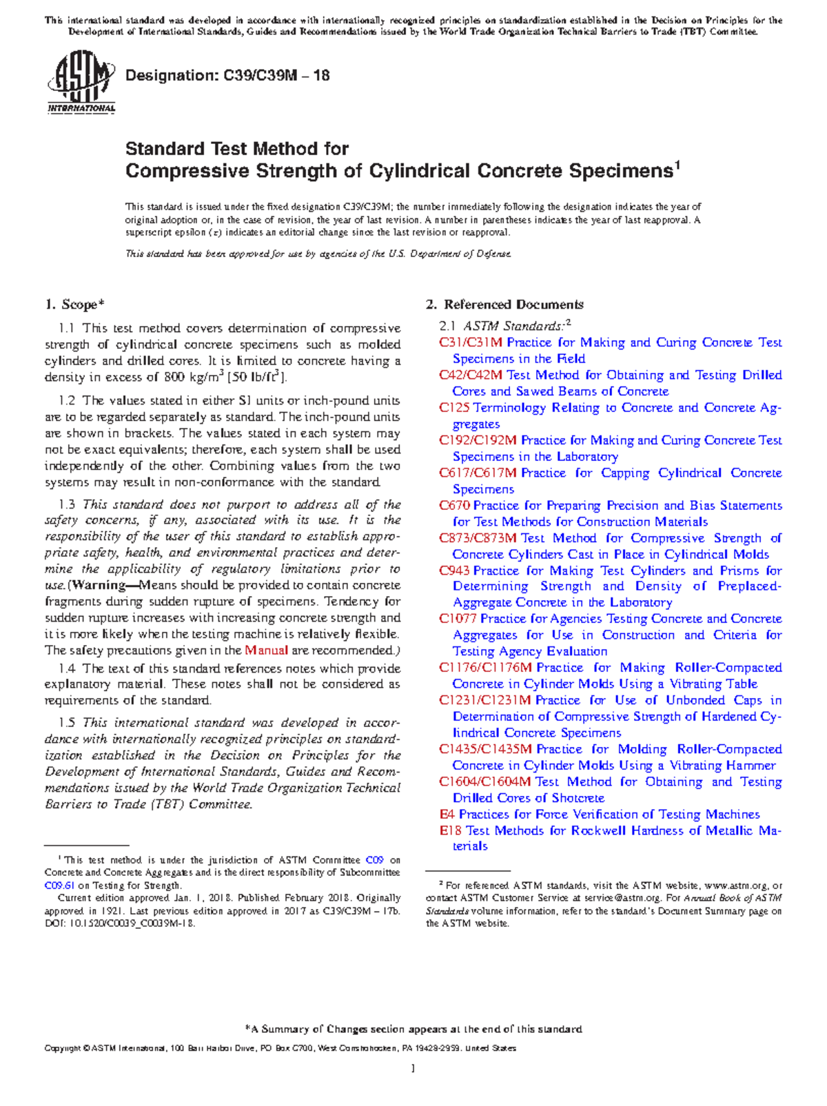 ASTM C39-2018 - resistencia a la compresión - Designation: C39/C39M − ...