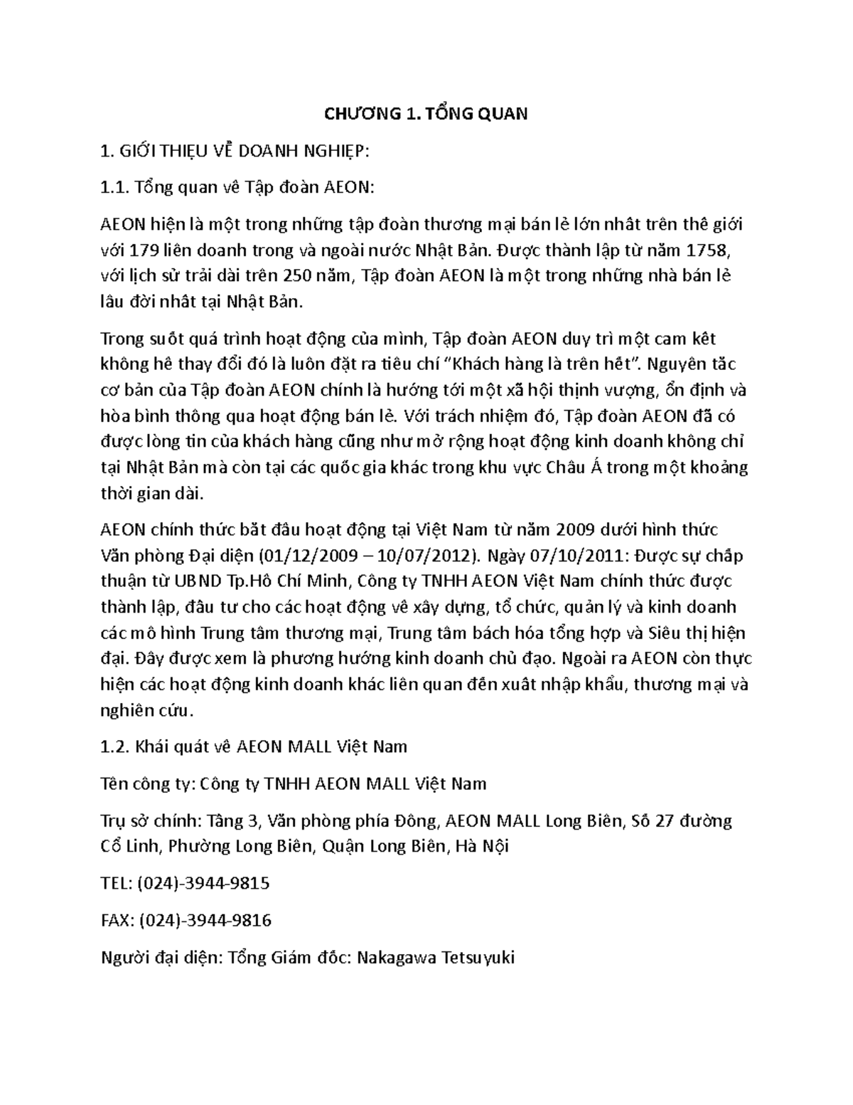 TẬP ĐOÀN AEON - ...... - CH ƯƠNG 1. T ỔNG QUAN 1. GI ỚI THI U VỀỀ DOANH NGHI P: Ệ Ệ 1. T ng quan ...