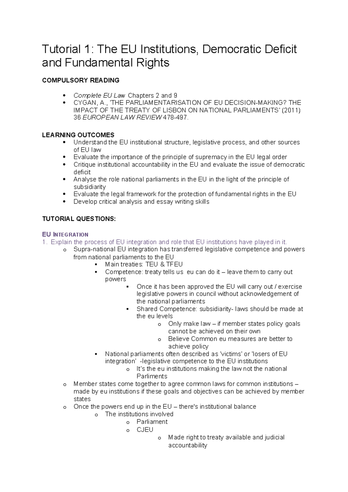 EU Law- Tutorial 1 - Tutorial 1: The EU Institutions, Democratic ...