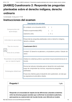 Examen [AAB01] Cuestionario 2 Responda las preguntas planteadas sobre pluralismo jurídico en los ...