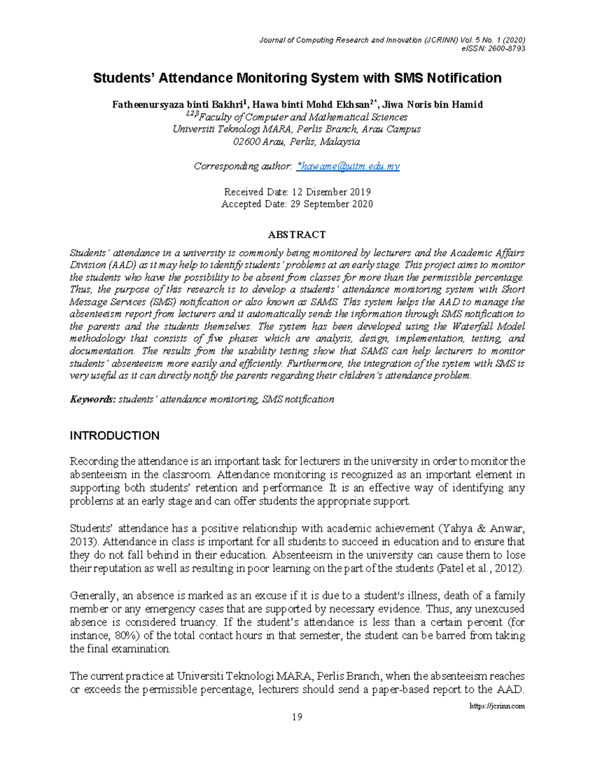 59976 - Bsjsks - eISSN: 2600- jcrinn Students’ Attendance Monitoring ...