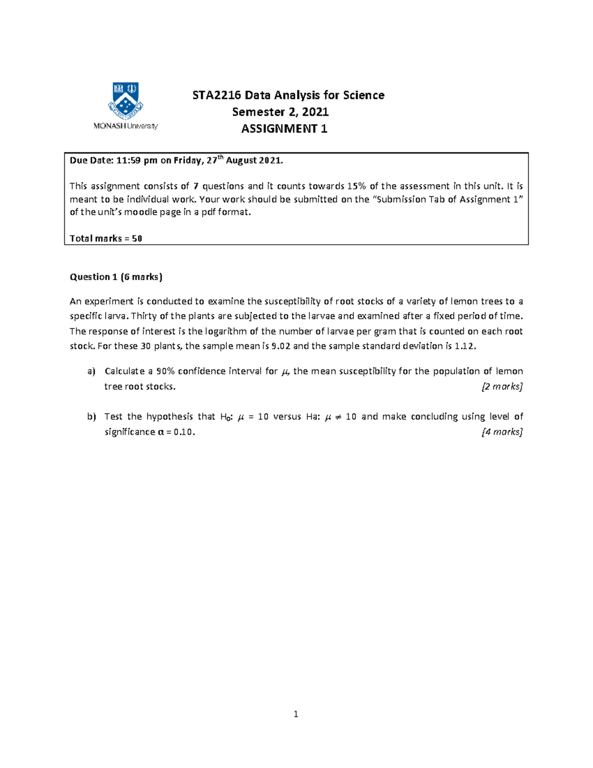 Assignment 1 Sta Assignment 1 Sta Assignment 1 Sta Assignment 1 Sta Data Analysis For Science