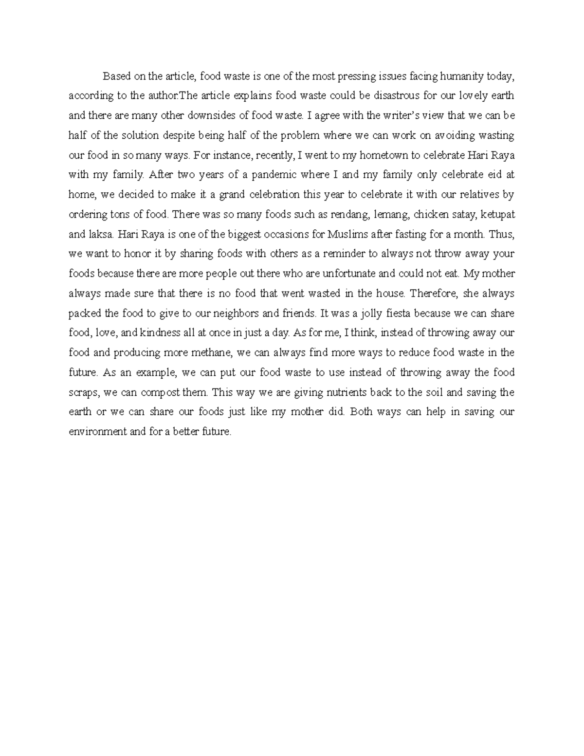 Response writing - Based on the article, food waste is one of the most ...