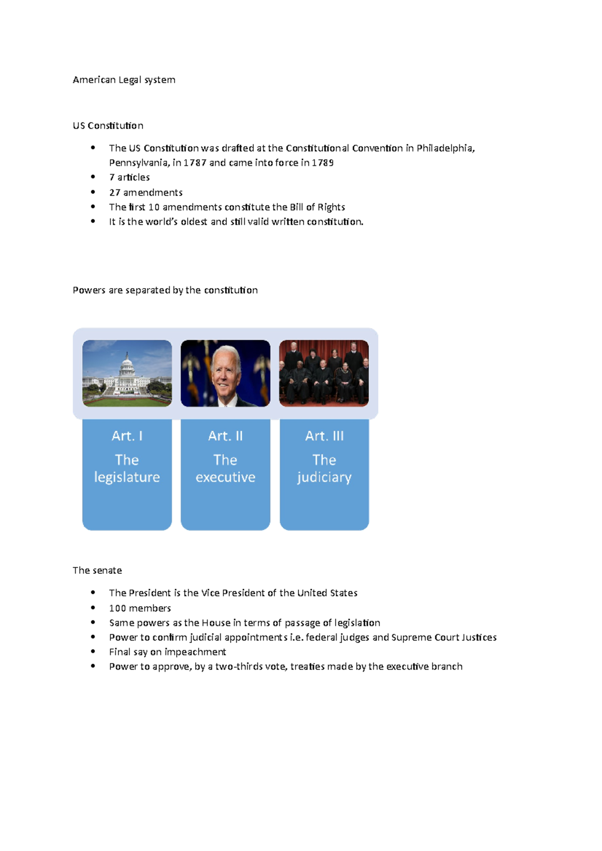 American Legal system - Powers are separated by the constitution The ...