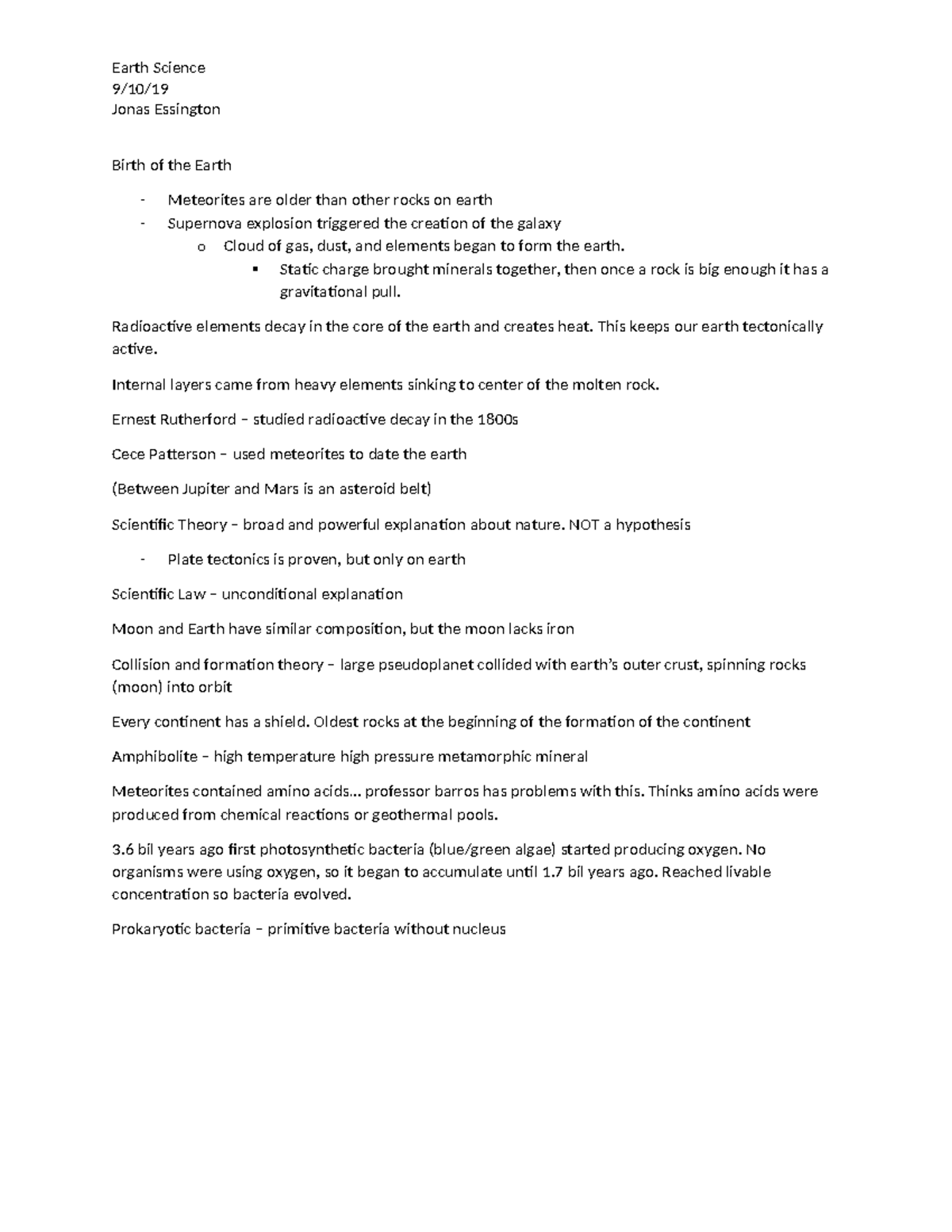 9 10 ESC notes - Earth Science 9/10/ Jonas Essington Birth of the Earth ...