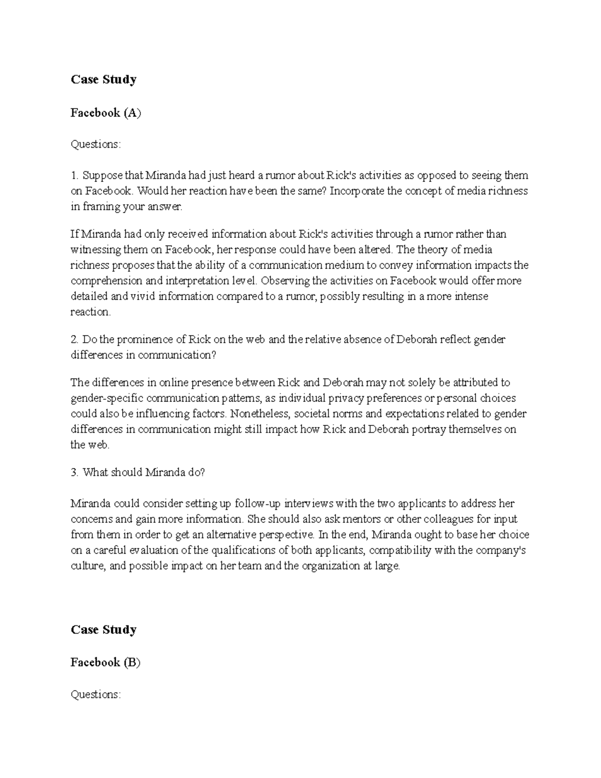 MHR Case study 7 - Case Study Facebook (A) Questions: 1. Suppose that ...