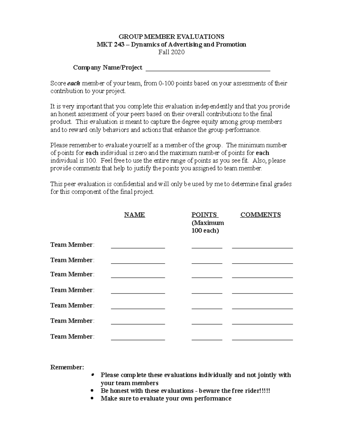 MKT 243 Peer Evaluation Form 2020 - GROUP MEMBER EVALUATIONS MKT 243 ...