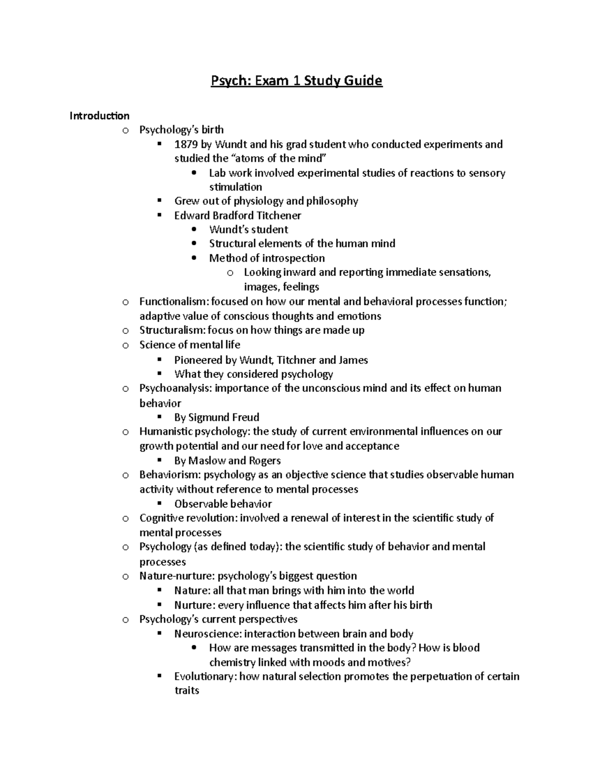 Psych Exam 1 Study Guide - Psych: Exam 1 Study Guide Introduction o ...