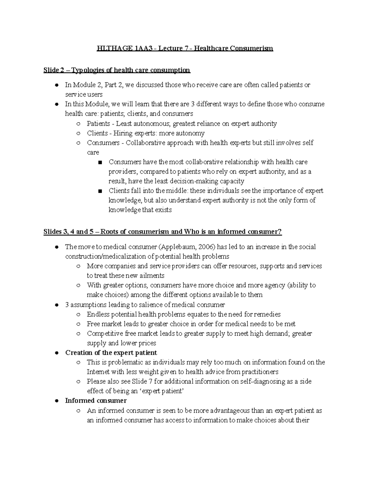 Hlthage 1AA3 - Lecture 7 - Healthcare Consumerism - HLTHAGE 1AA3 - Lecture 7 - Healthcare - Studocu