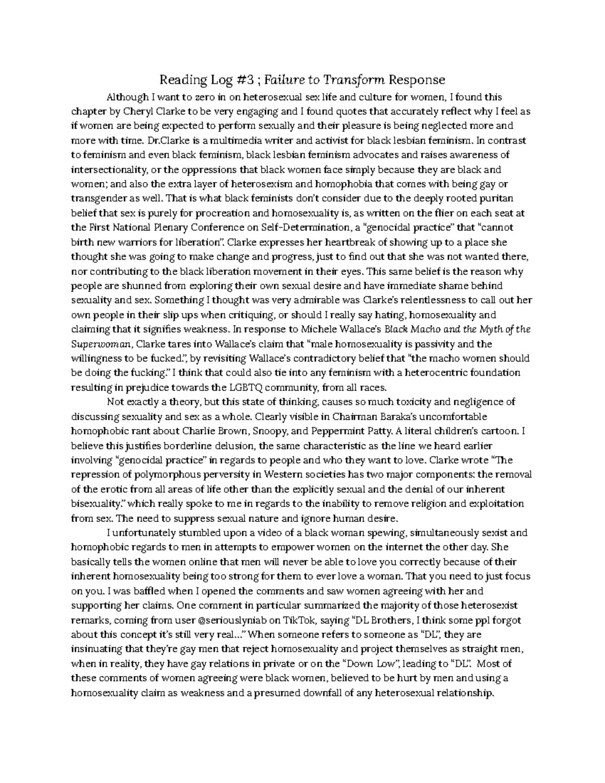 Reading Log 3 Reading Log 3 Failure To Transform Response