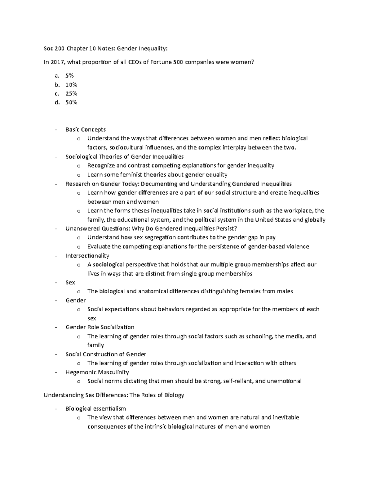 Soc 200 notes Chapter 10 Gender Inequality - Soc 200 Chapter 10 Notes ...