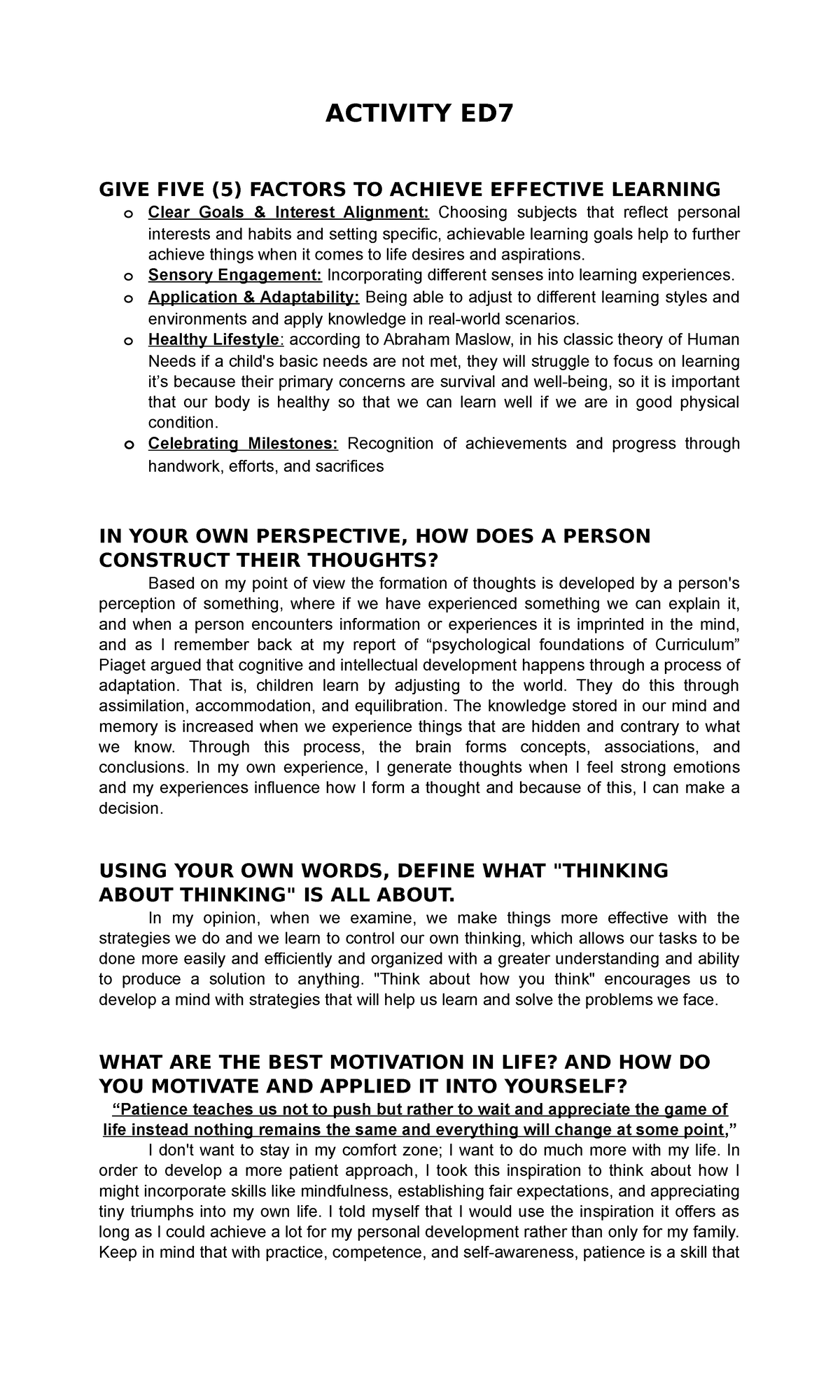 Activity ED 7 - prof ed - ACTIVITY ED GIVE FIVE (5) FACTORS TO ACHIEVE ...