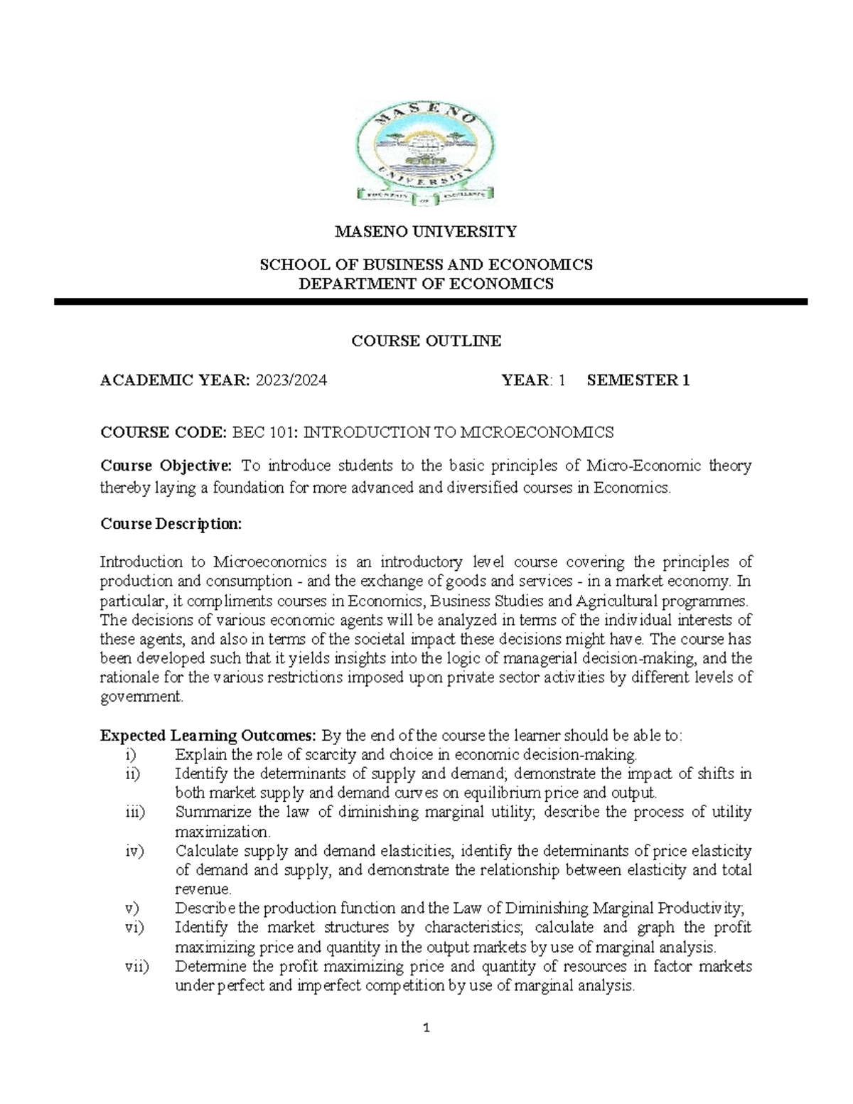 BEC 101 Course Outline 2023-2024 - MASENO UNIVERSITY SCHOOL OF BUSINESS ...