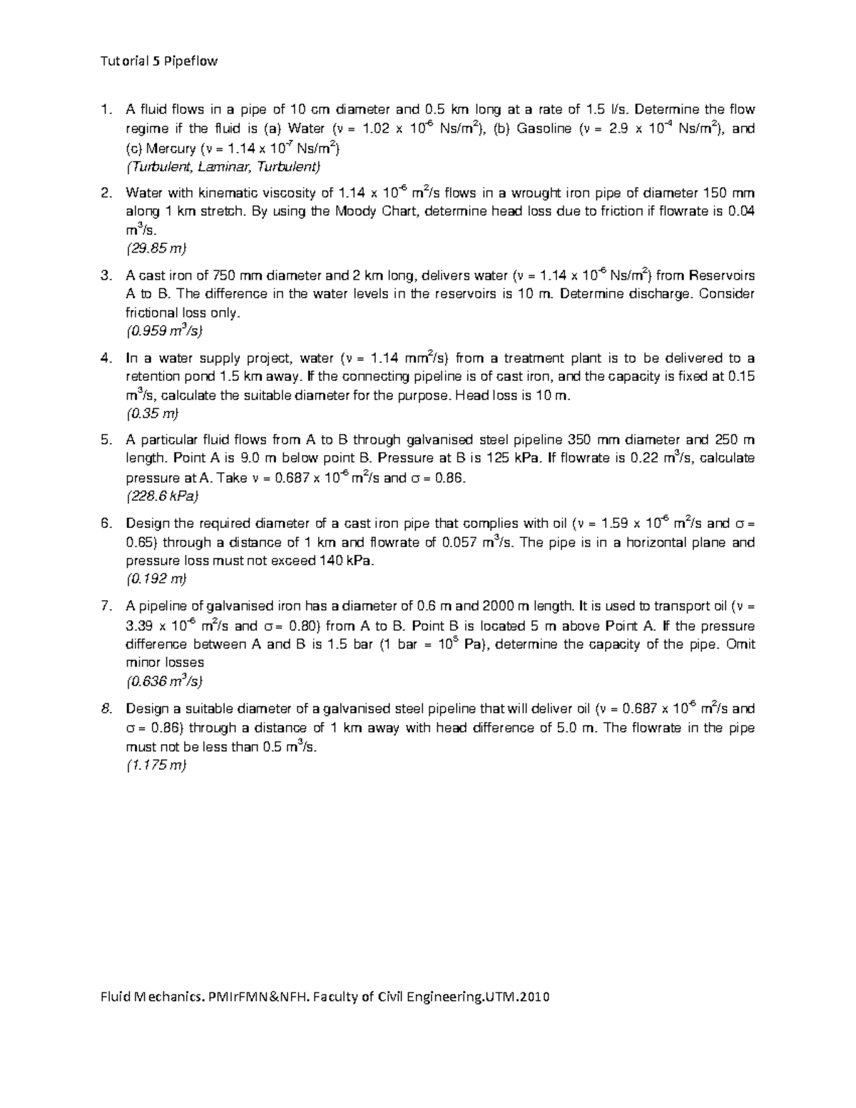 TUTO 5 - CHAPTER 5 TUTORIAL - Tutorial 5 Pipeflow Fluid Mechanics ...