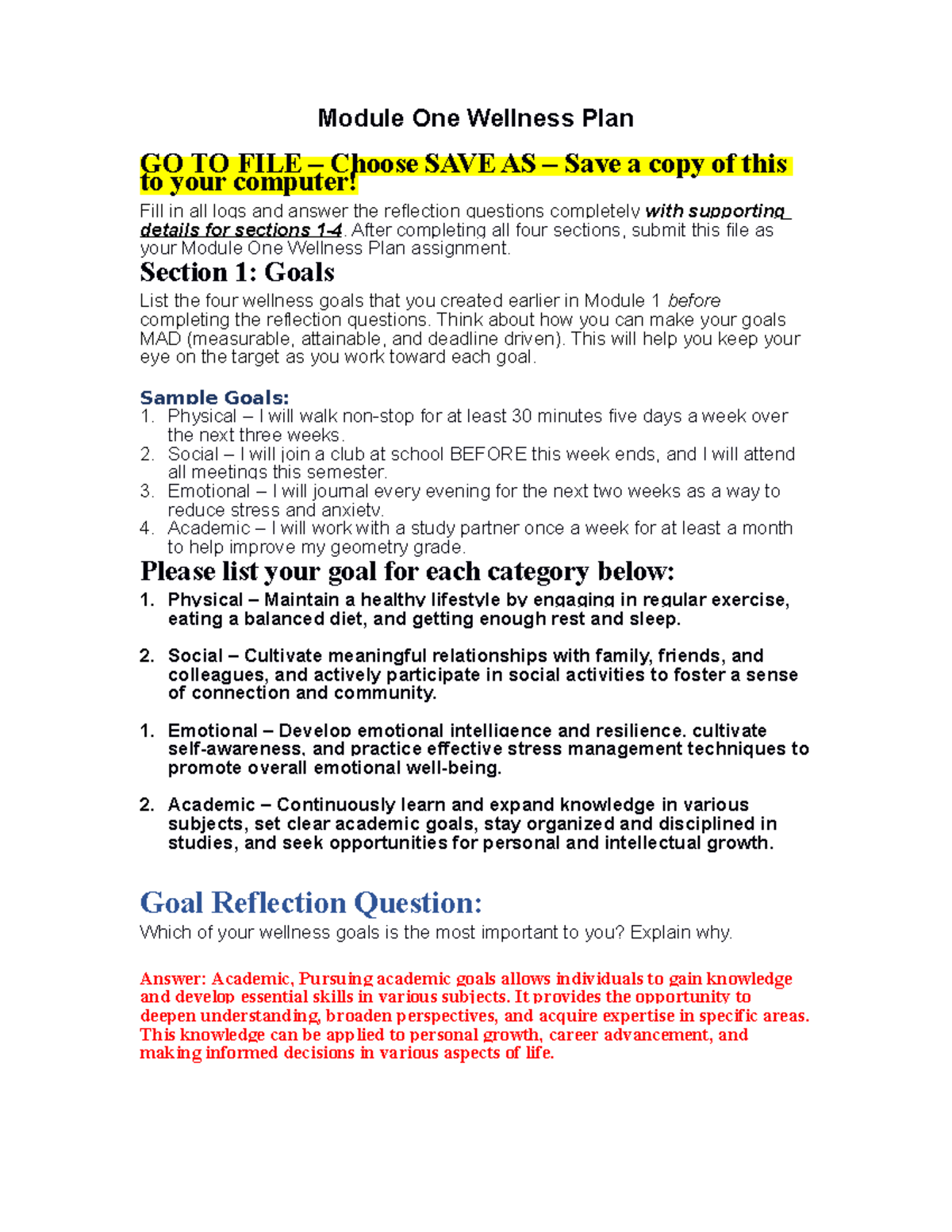 Wellness PLAN - NEGRI - Module One Wellness Plan GO TO FILE – Choose SAVE AS – Save a copy of ...