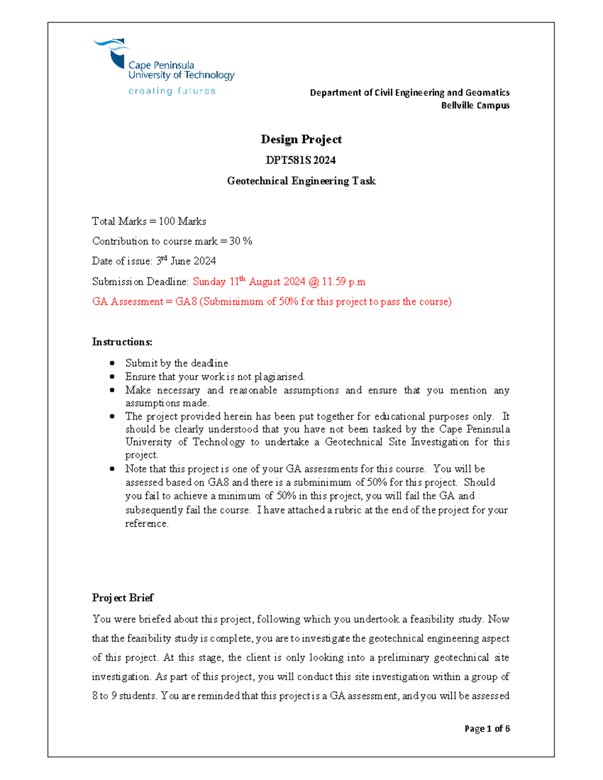 Design Project 2024 - Geotech Brief - Bellville Campus Design Project ...