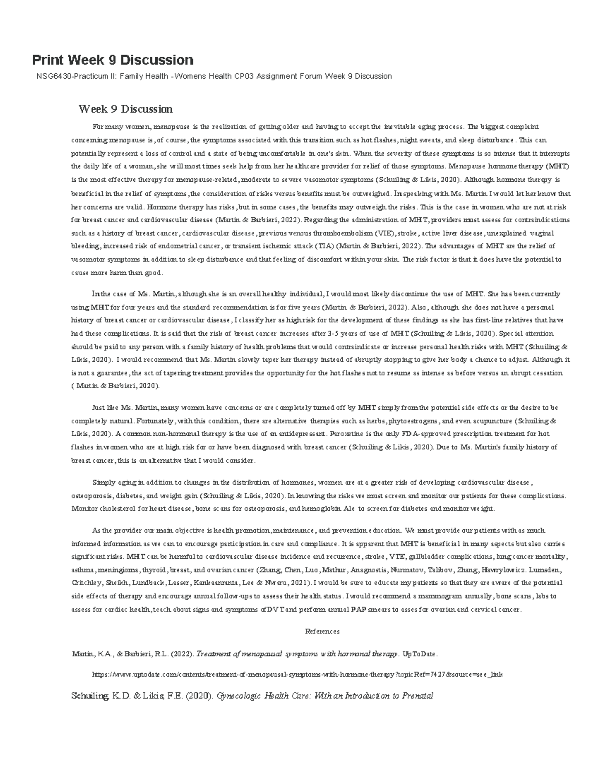 Example Discussion Post - Print Week 9 Discussion NSG6430-Practicum II ...