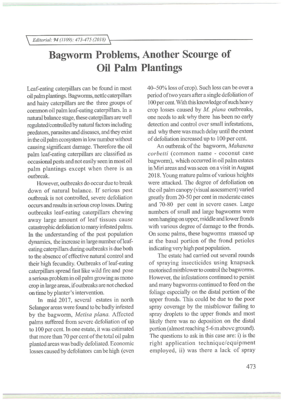 Bagworm Problems, Another Scourge of Oil Palm Plantings - Random Paper ...