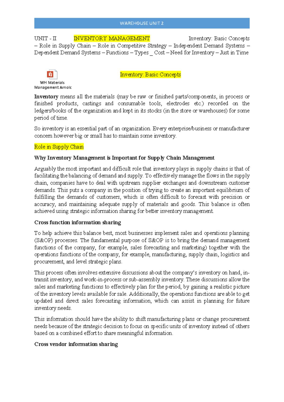 UNIT 2 Warehouse - Ware House - UNIT II INVENTORY MANAGEMENT Inventory ...
