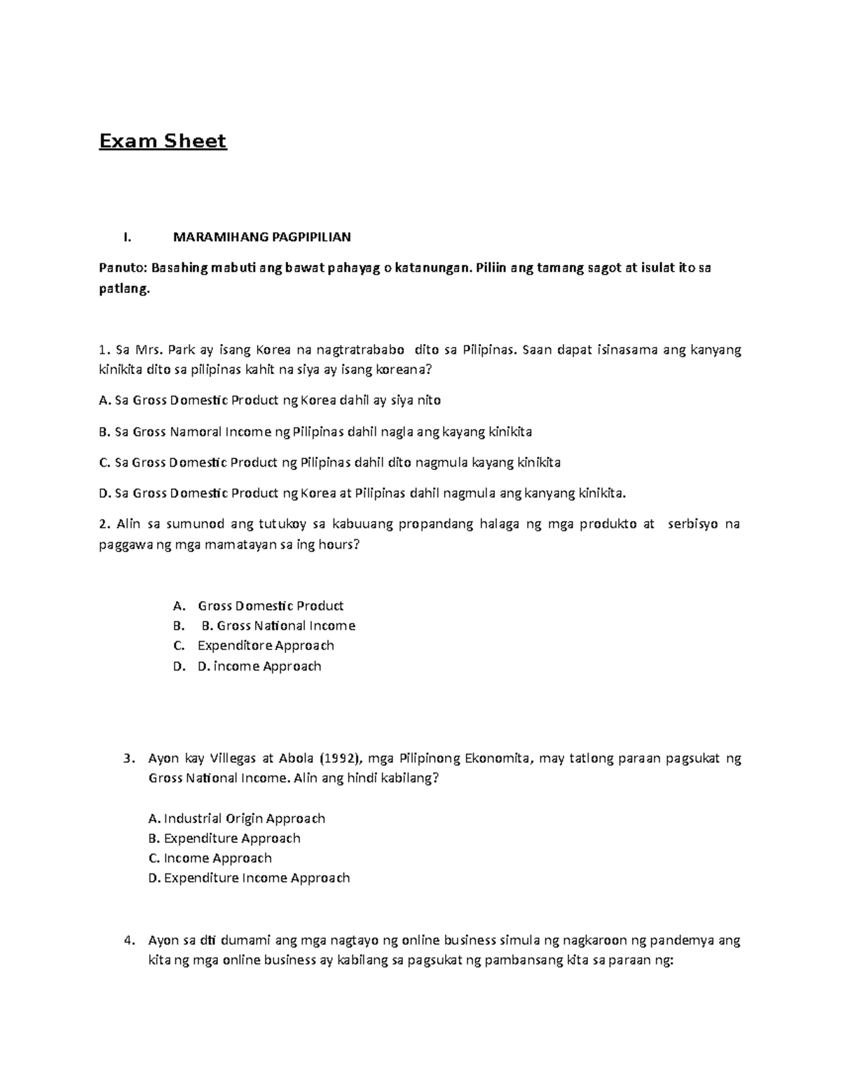 Docustodu - This is our worksheet - Exam Sheet I. MARAMIHANG ...