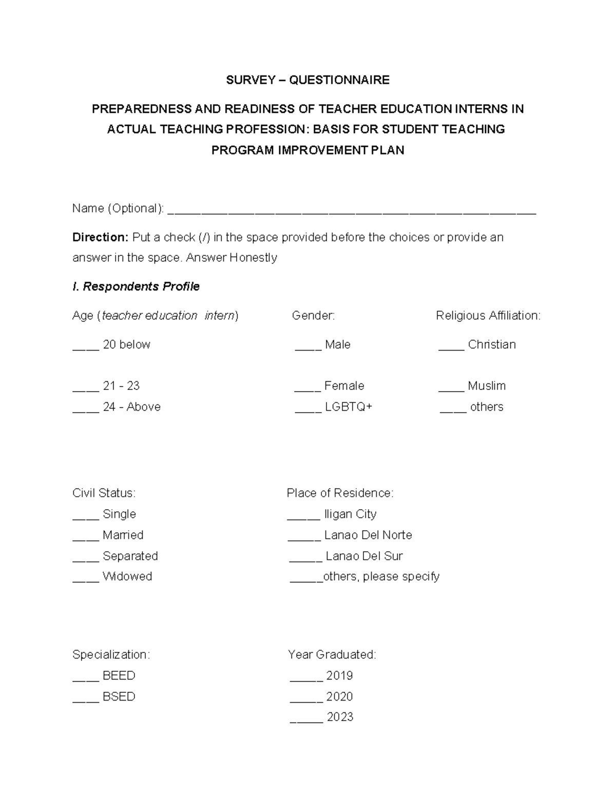 Thesis SQ - SURVEY – QUESTIONNAIRE PREPAREDNESS AND READINESS OF ...