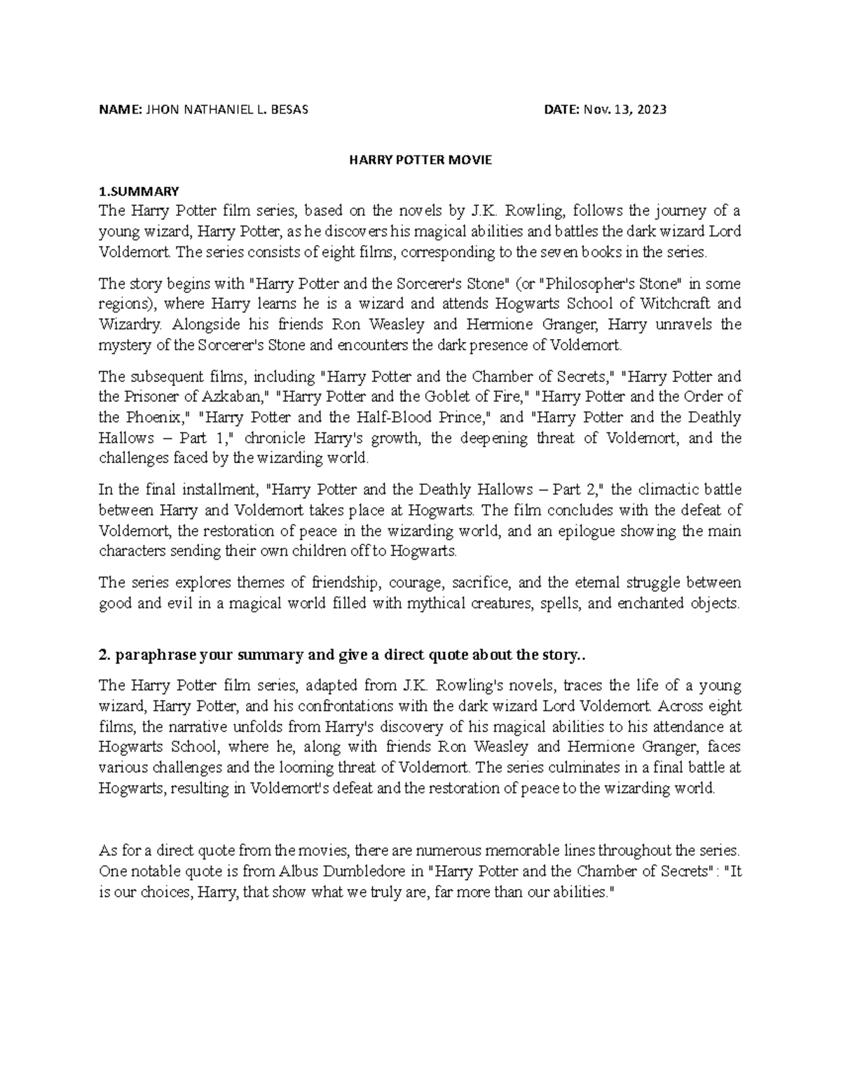 Summary OF Harry Potter - NAME: JHON NATHANIEL L. BESAS DATE: Nov. 13 ...